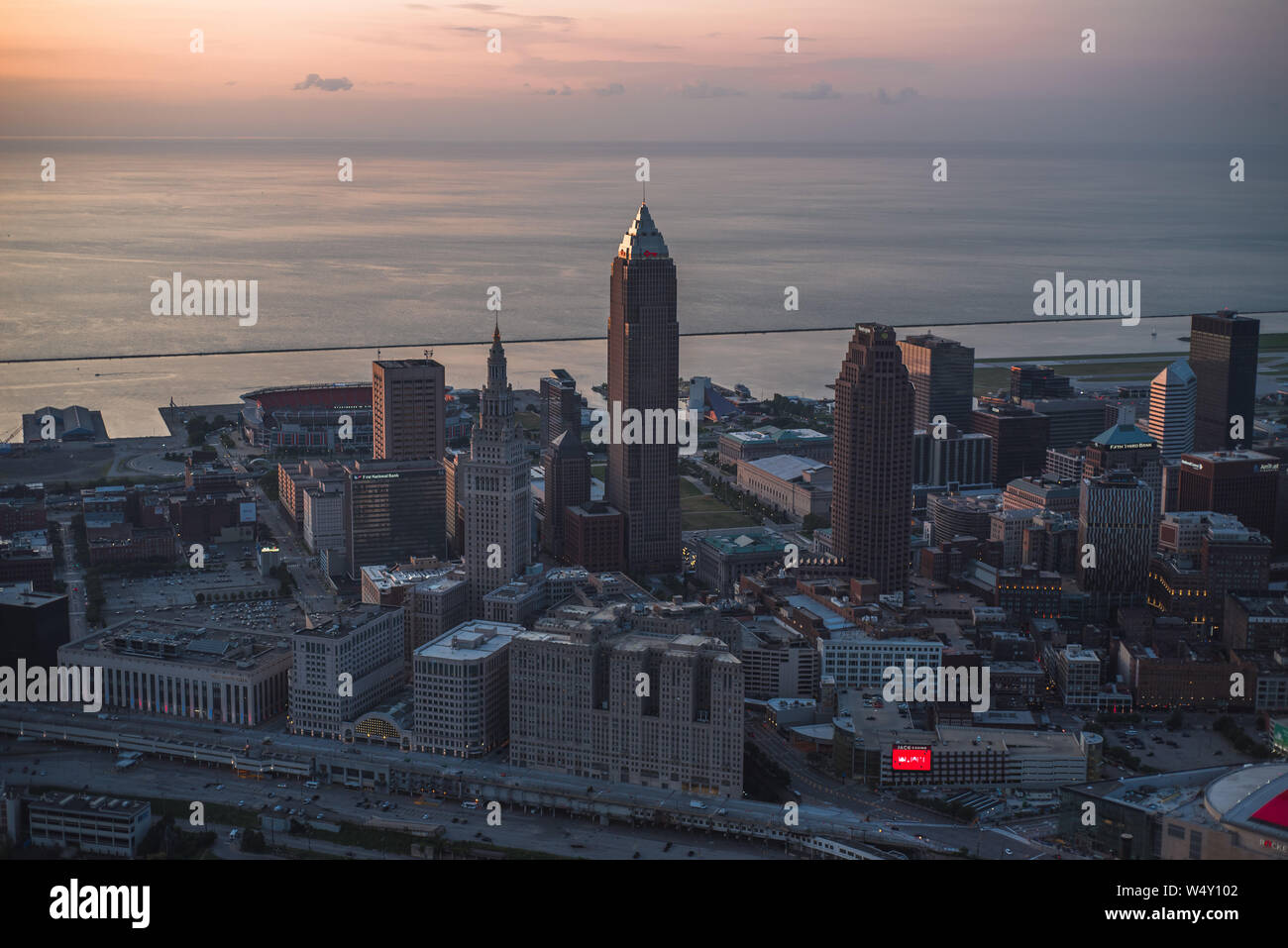 Aerial view of the Cleveland skyline from a helicopter at sunset Stock ...