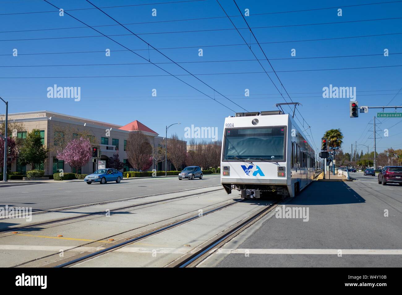Light rail train with logo for the Valley Transit Authority (VTA ...