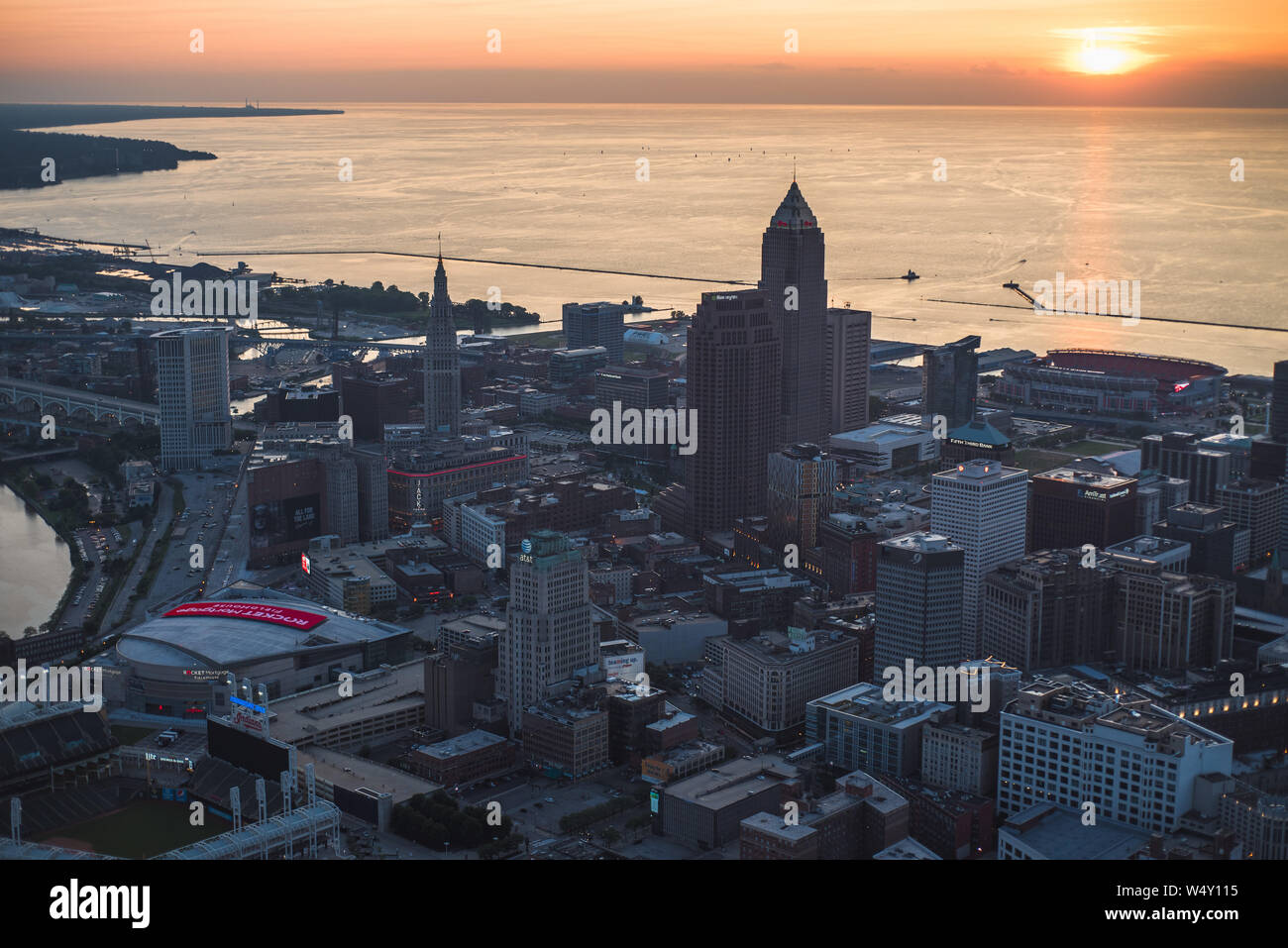 Aerial view of the Cleveland skyline from a helicopter at sunset Stock ...