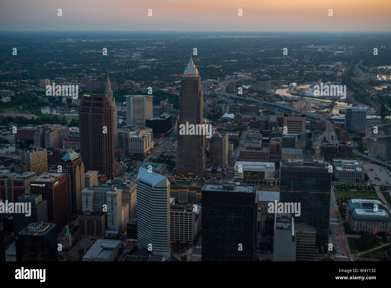 Aerial view of the Cleveland skyline from a helicopter at sunset Stock ...