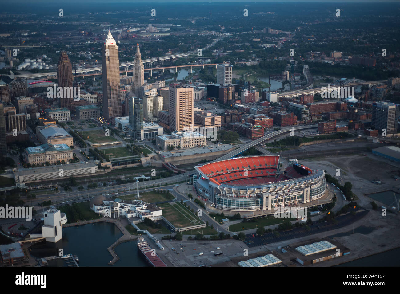 Aerial view of the Cleveland skyline from a helicopter at sunset Stock ...