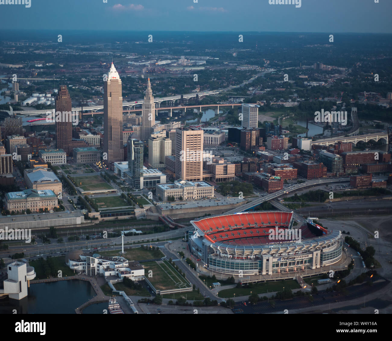 Aerial view of the Cleveland skyline from a helicopter at sunset Stock ...