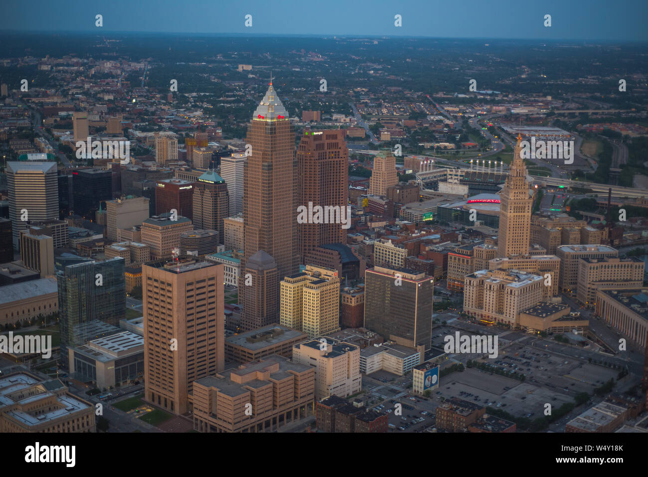 Aerial view of the Cleveland skyline from a helicopter at sunset Stock ...