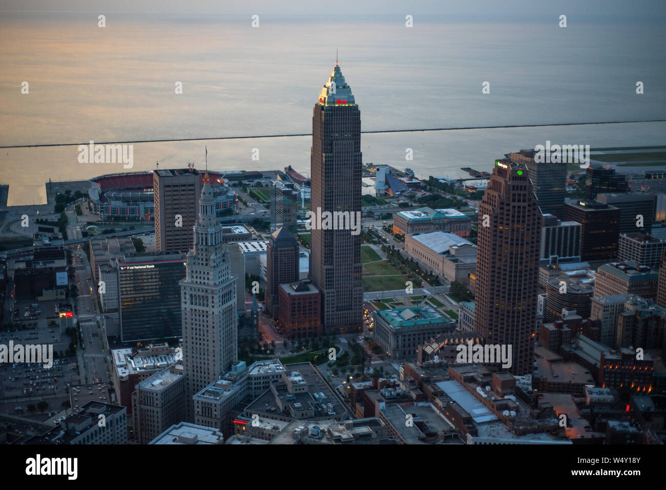 Aerial view of the Cleveland skyline from a helicopter at sunset Stock ...