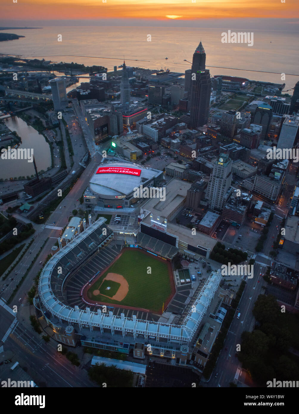 Aerial view of the Cleveland skyline from a helicopter at sunset Stock ...