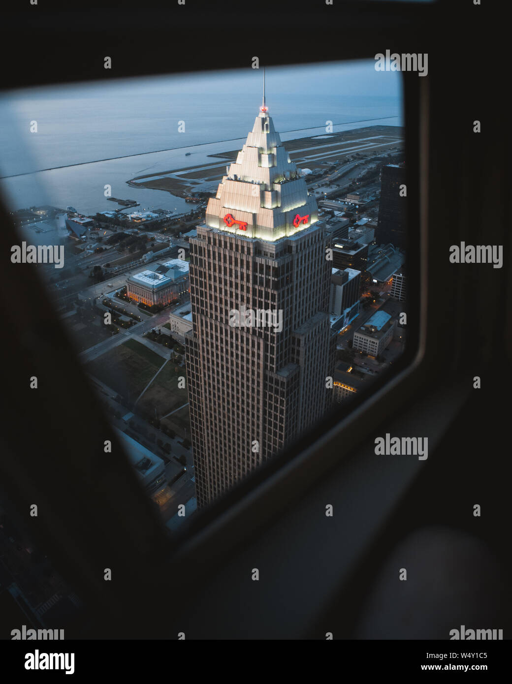 Aerial view of the Cleveland skyline from a helicopter at sunset Stock ...