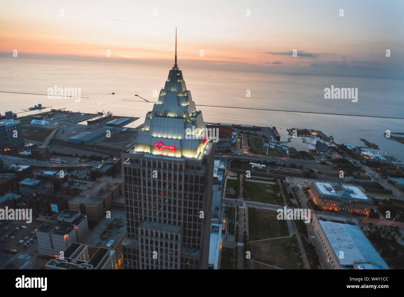 Aerial view of the Cleveland skyline from a helicopter at sunset Stock ...