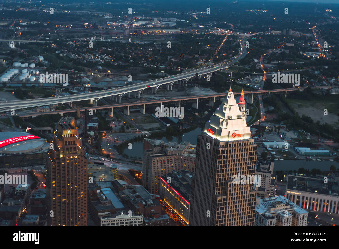 Aerial view of the Cleveland skyline from a helicopter at sunset Stock ...