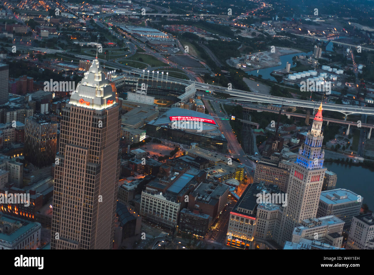 Aerial view of the Cleveland skyline from a helicopter at sunset Stock ...