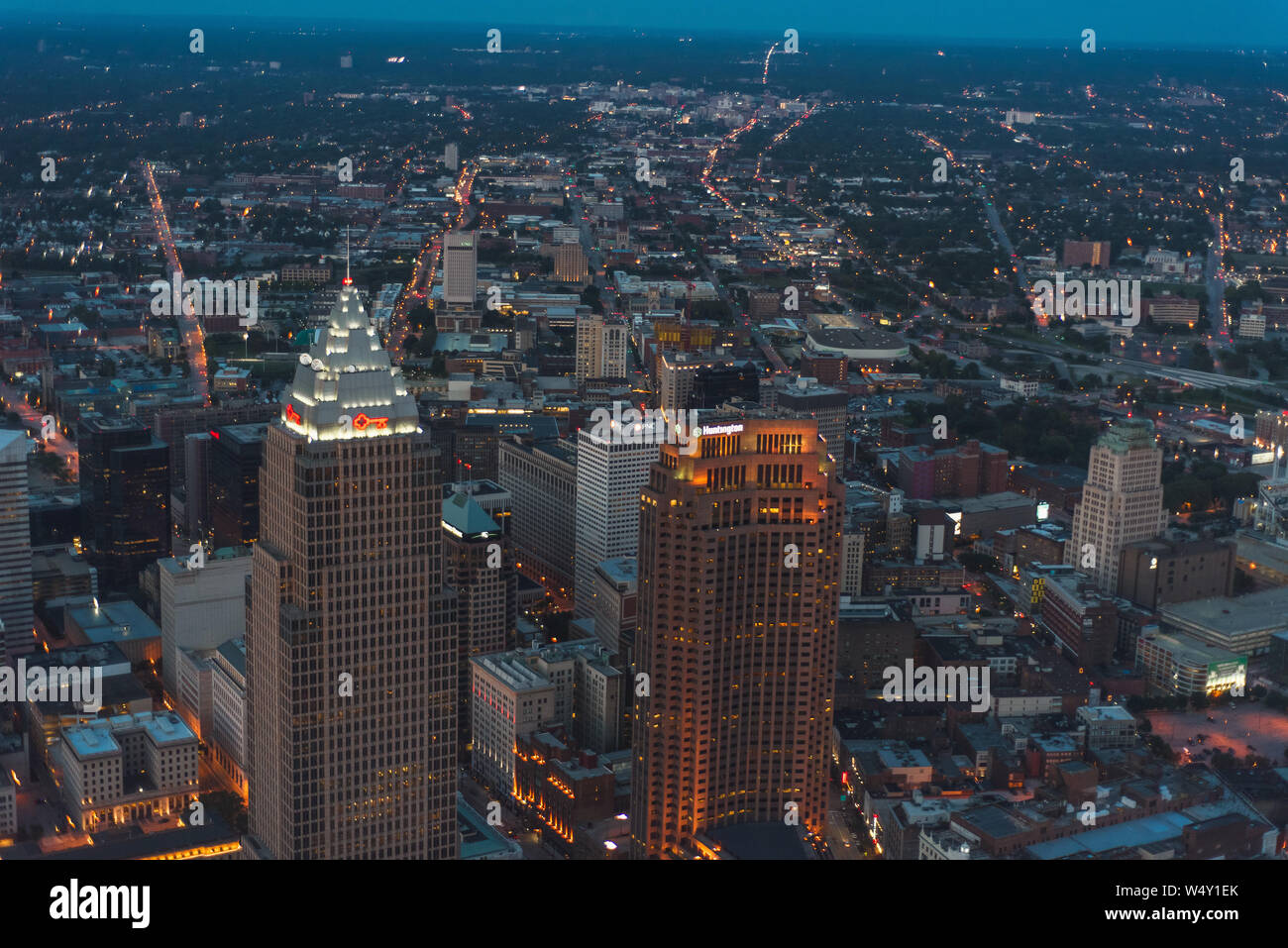 Aerial view of the Cleveland skyline from a helicopter at sunset Stock ...