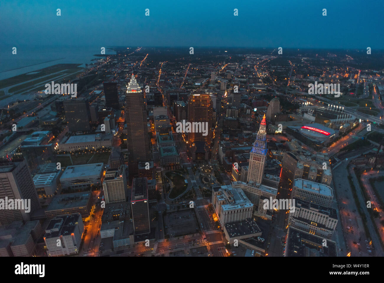 Aerial view of the cleveland skyline from a helicopter at sunset hi-res ...
