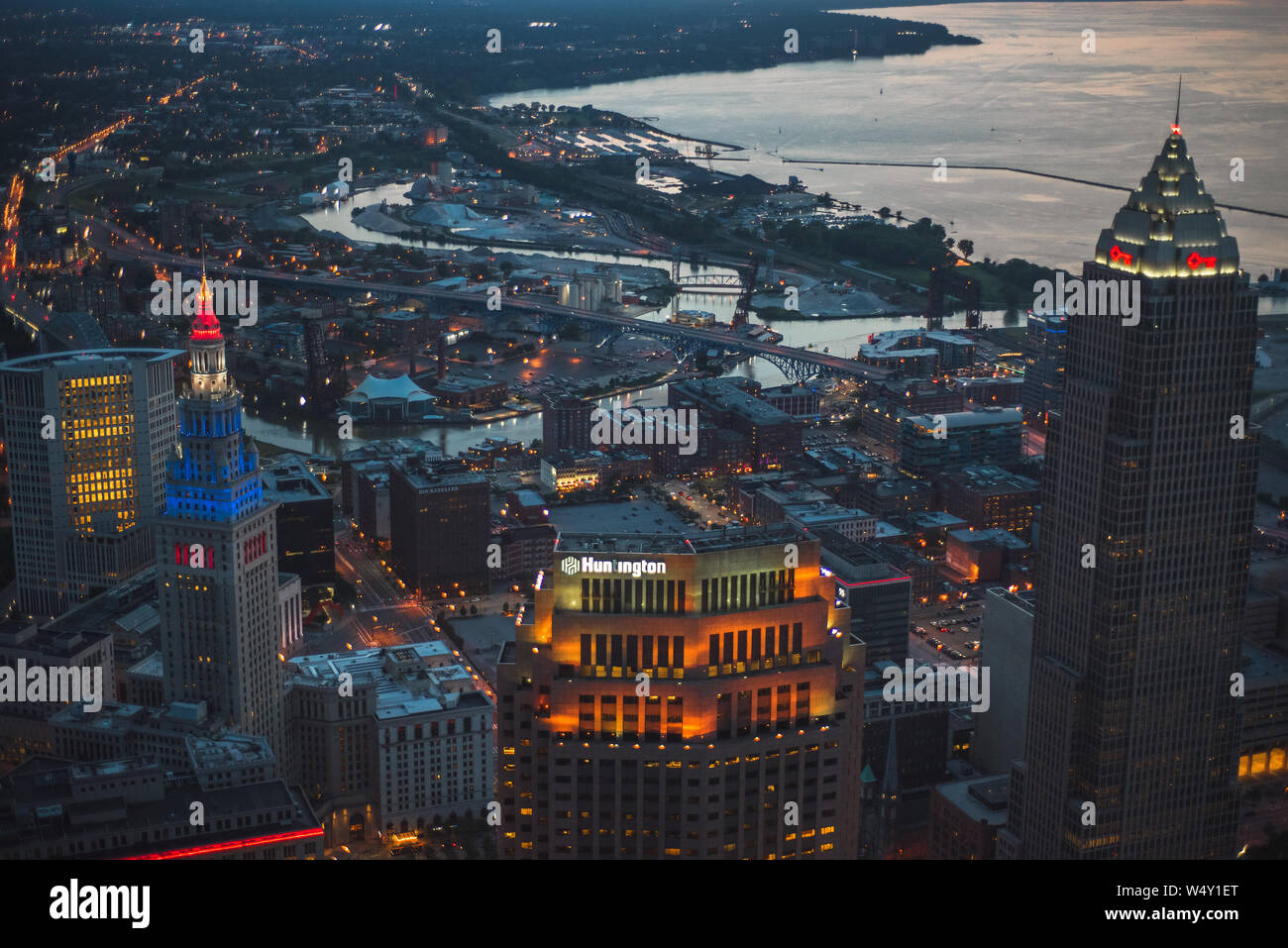 Aerial view of the Cleveland skyline from a helicopter at sunset Stock ...