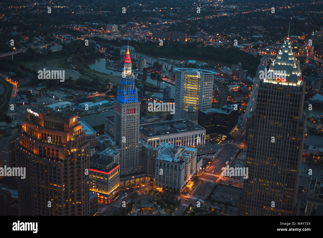 Aerial view of the Cleveland skyline from a helicopter at sunset Stock ...