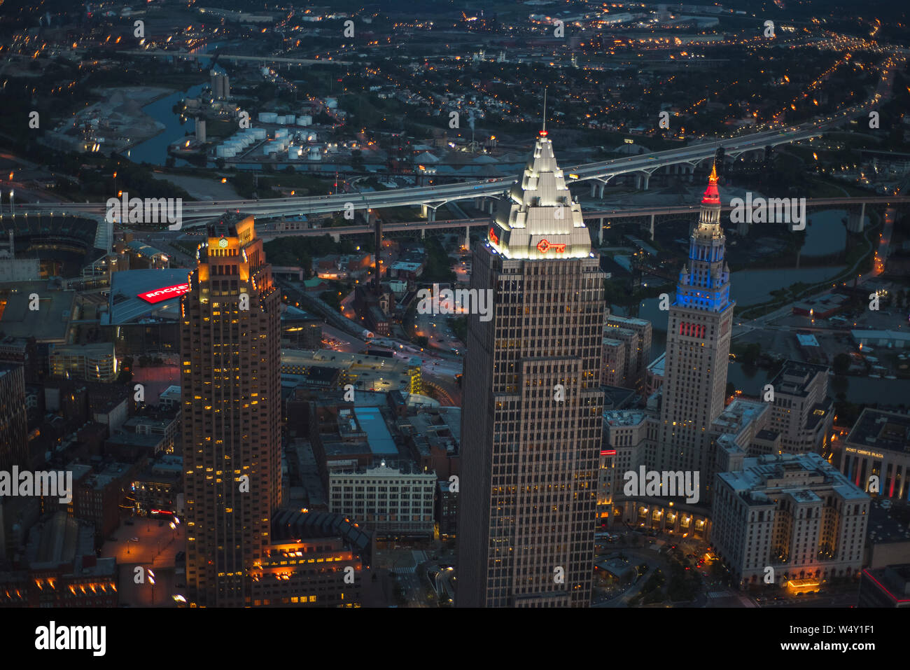 Aerial view of the Cleveland skyline from a helicopter at sunset Stock ...