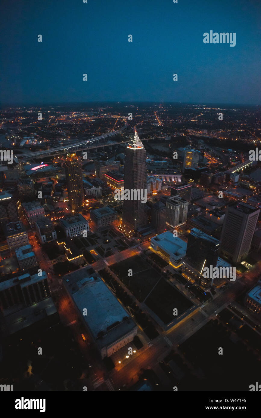Aerial view of the Cleveland skyline from a helicopter at sunset Stock ...