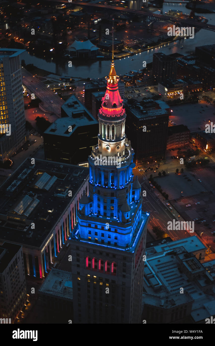 Aerial view of the Cleveland skyline from a helicopter at sunset Stock ...