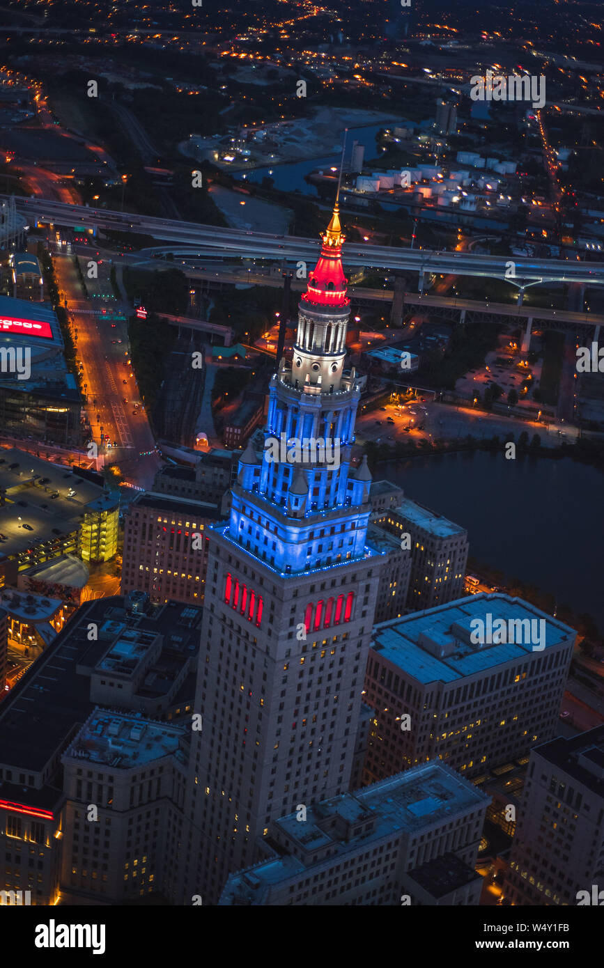 Aerial view of the Cleveland skyline from a helicopter at sunset Stock ...