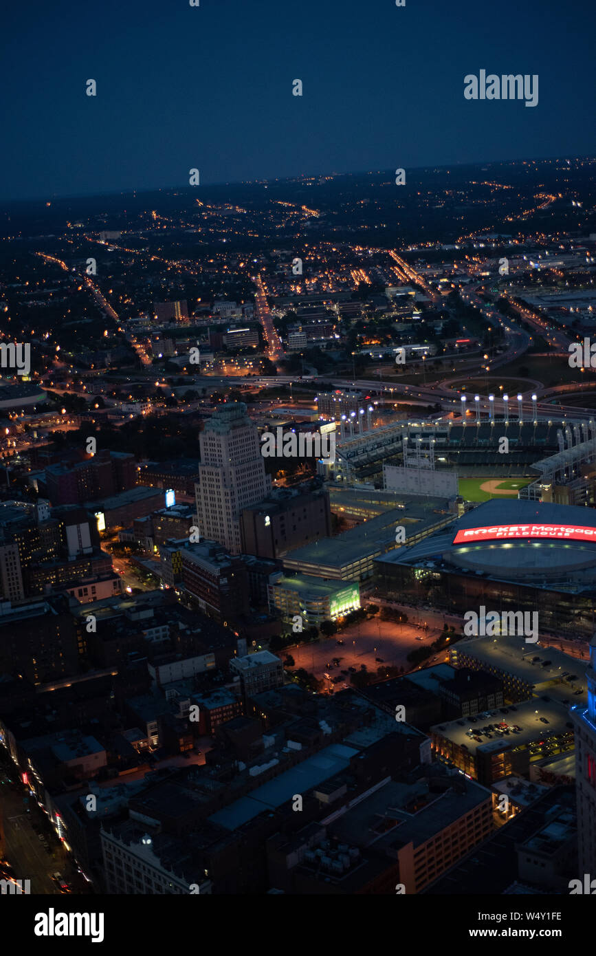 Aerial view of the cleveland skyline from a helicopter at sunset hi-res ...