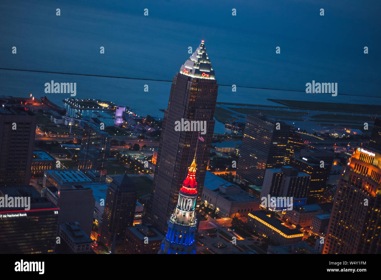 Aerial view of the Cleveland skyline from a helicopter at sunset Stock ...