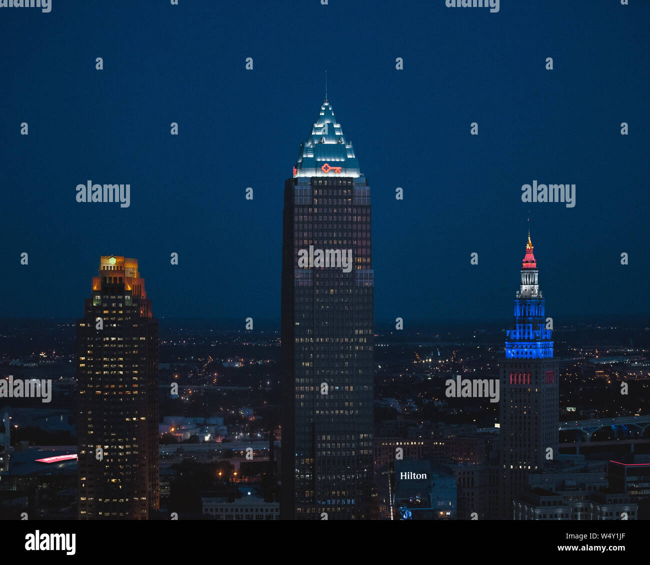 Aerial view of the Cleveland skyline from a helicopter at sunset Stock ...