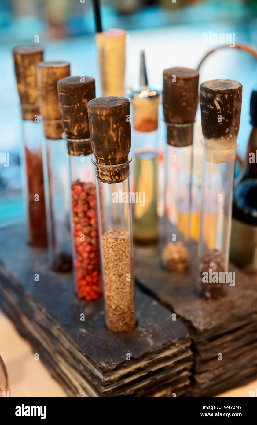 Various spices on bar counter, limited focus depth Stock Photo - Alamy