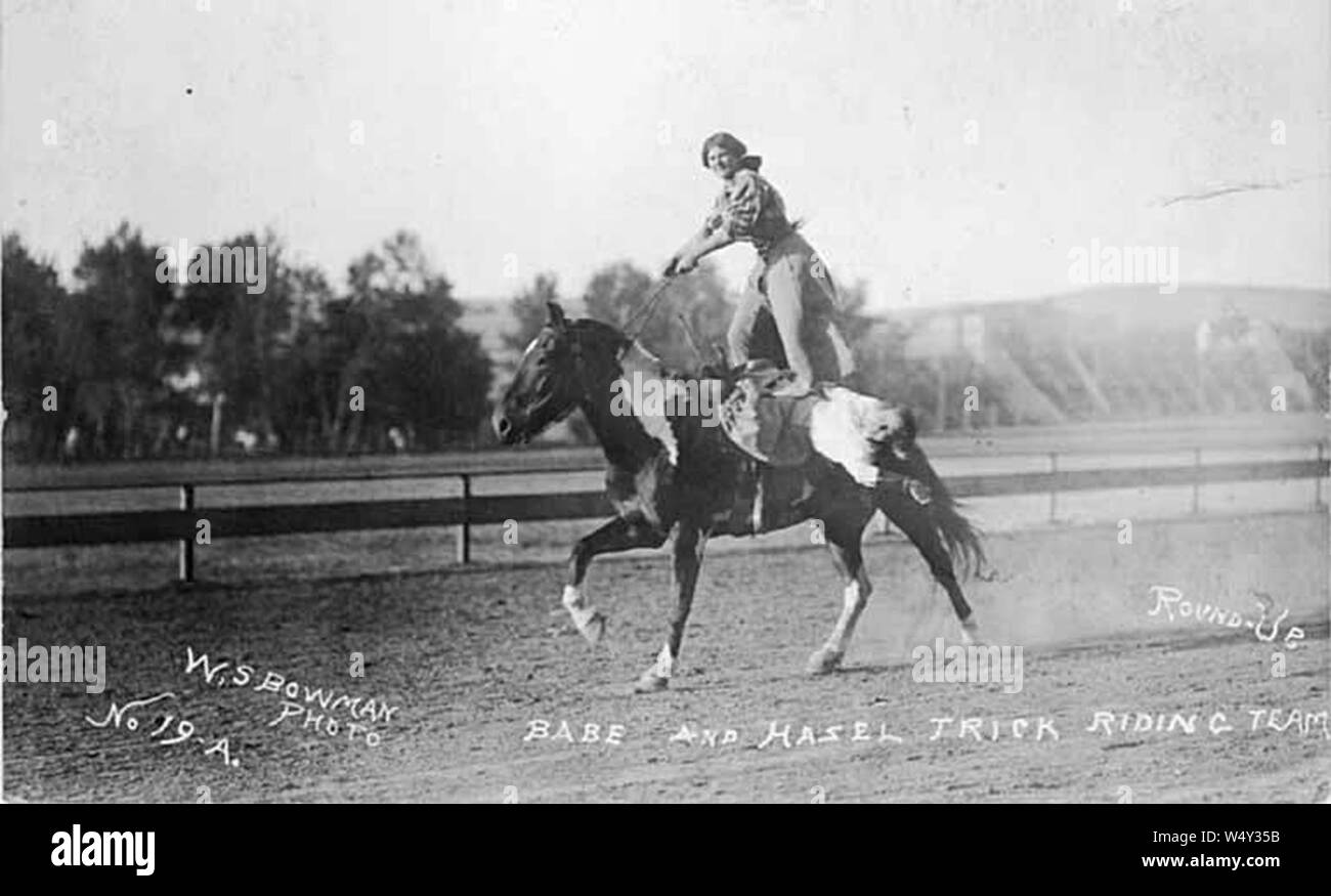 Cowgirls Hazel Walker and Babe Lee performing a riding trick at the ...