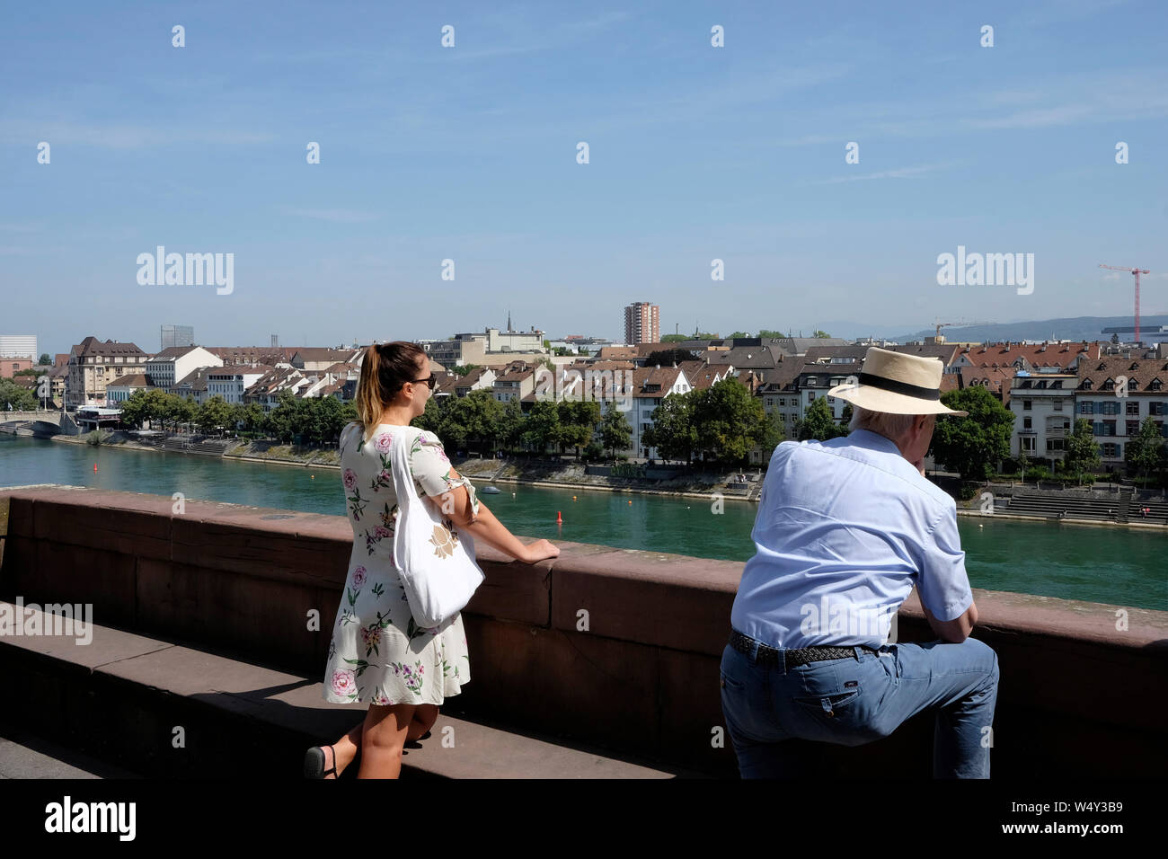 People enjoying the view of Basel from the Pfalz, a viewing terrace ...