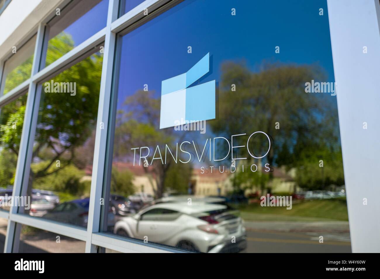 Logo on facade at headquarters of media production company Transvideo Studios in the Silicon ...
