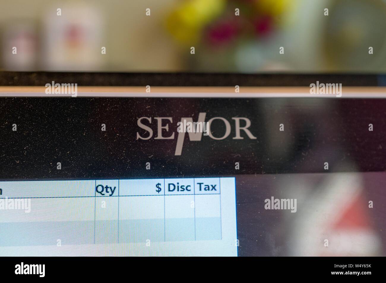 Close-up of logo for retail computer systems company Senor at a point ...