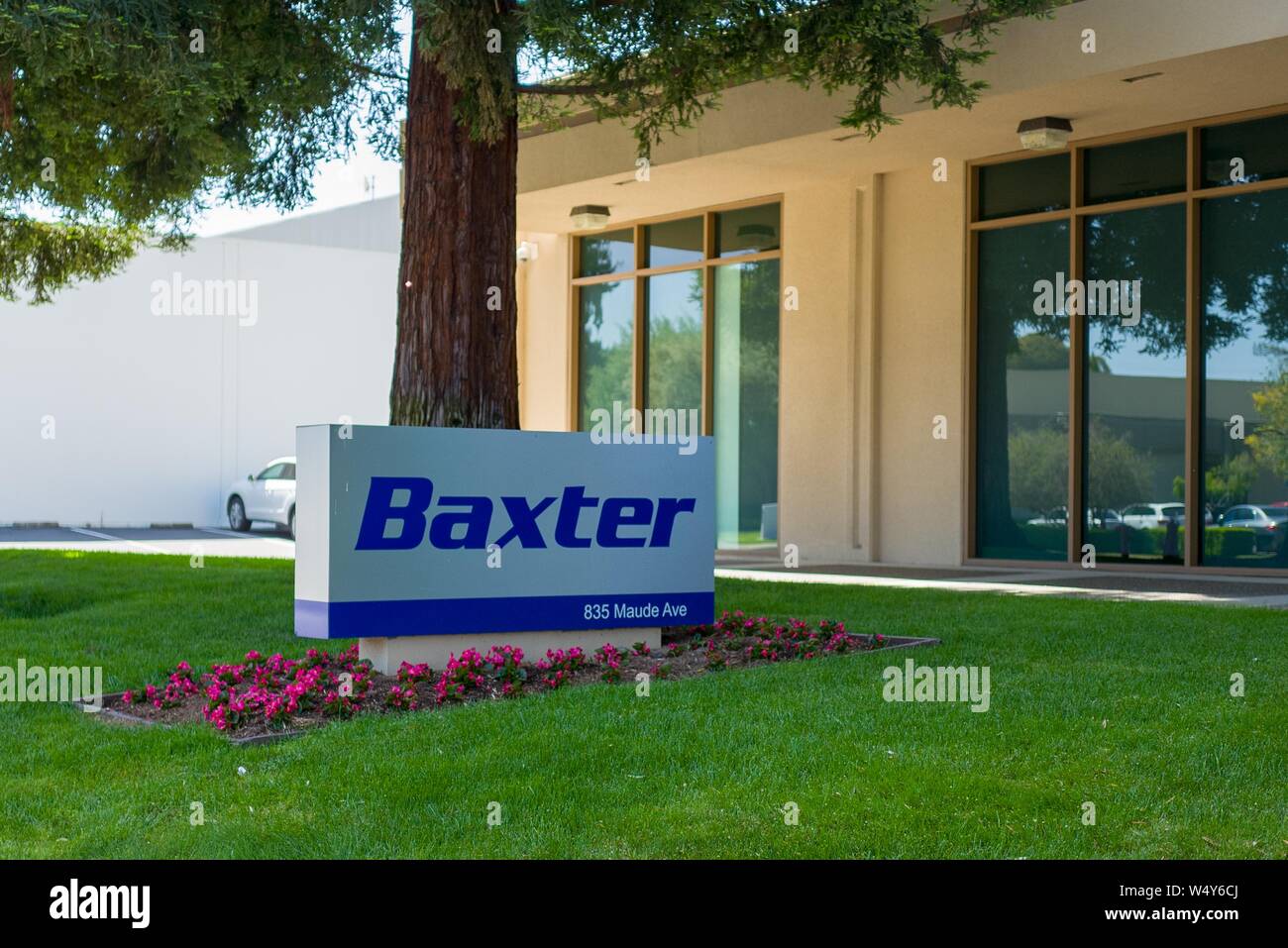 Sign with logo at office of Baxter in the Silicon Valley, Mountain View ...