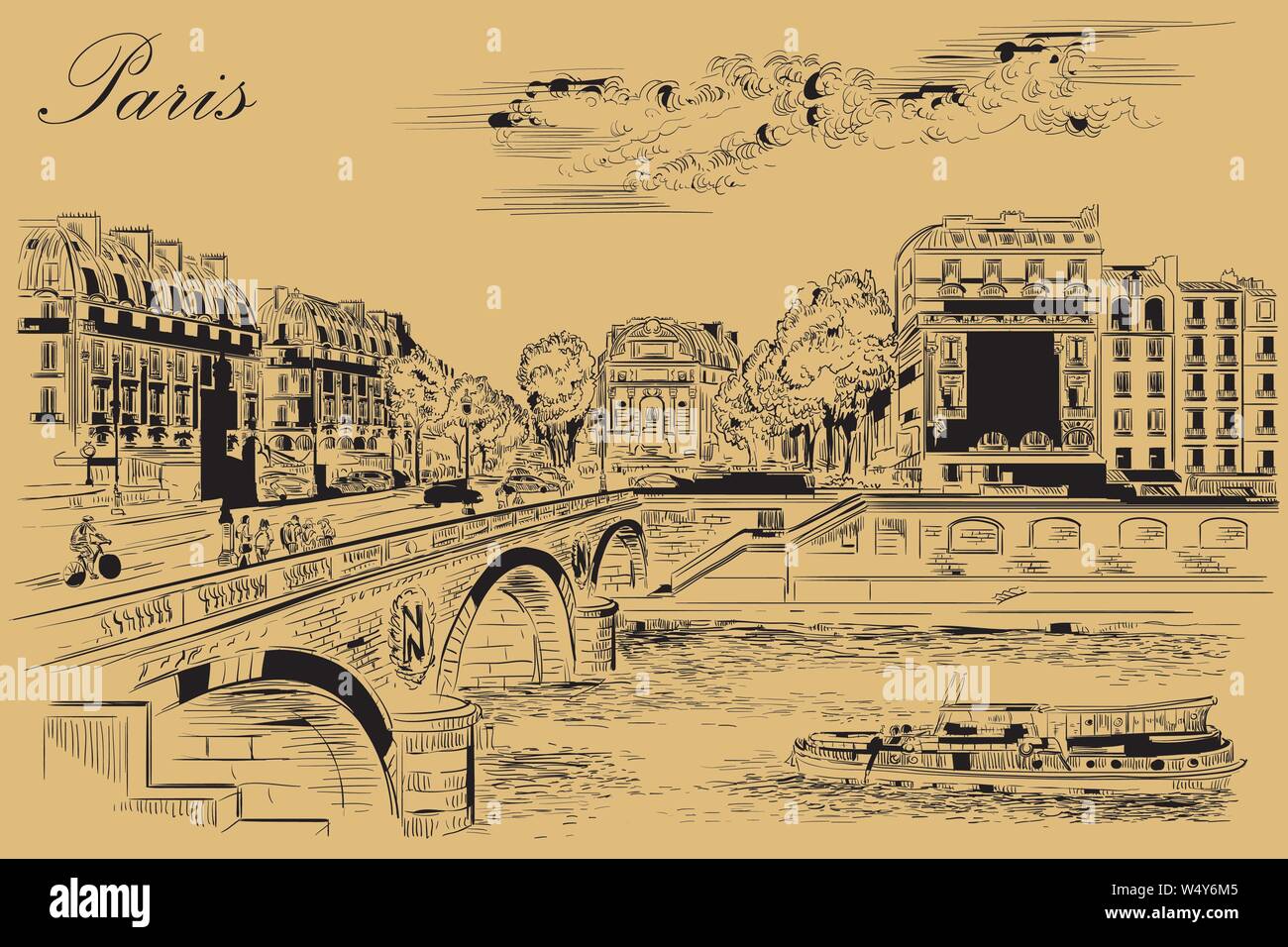 Vector hand drawing Illustration of Pont Saint Michel bridge (Paris ...