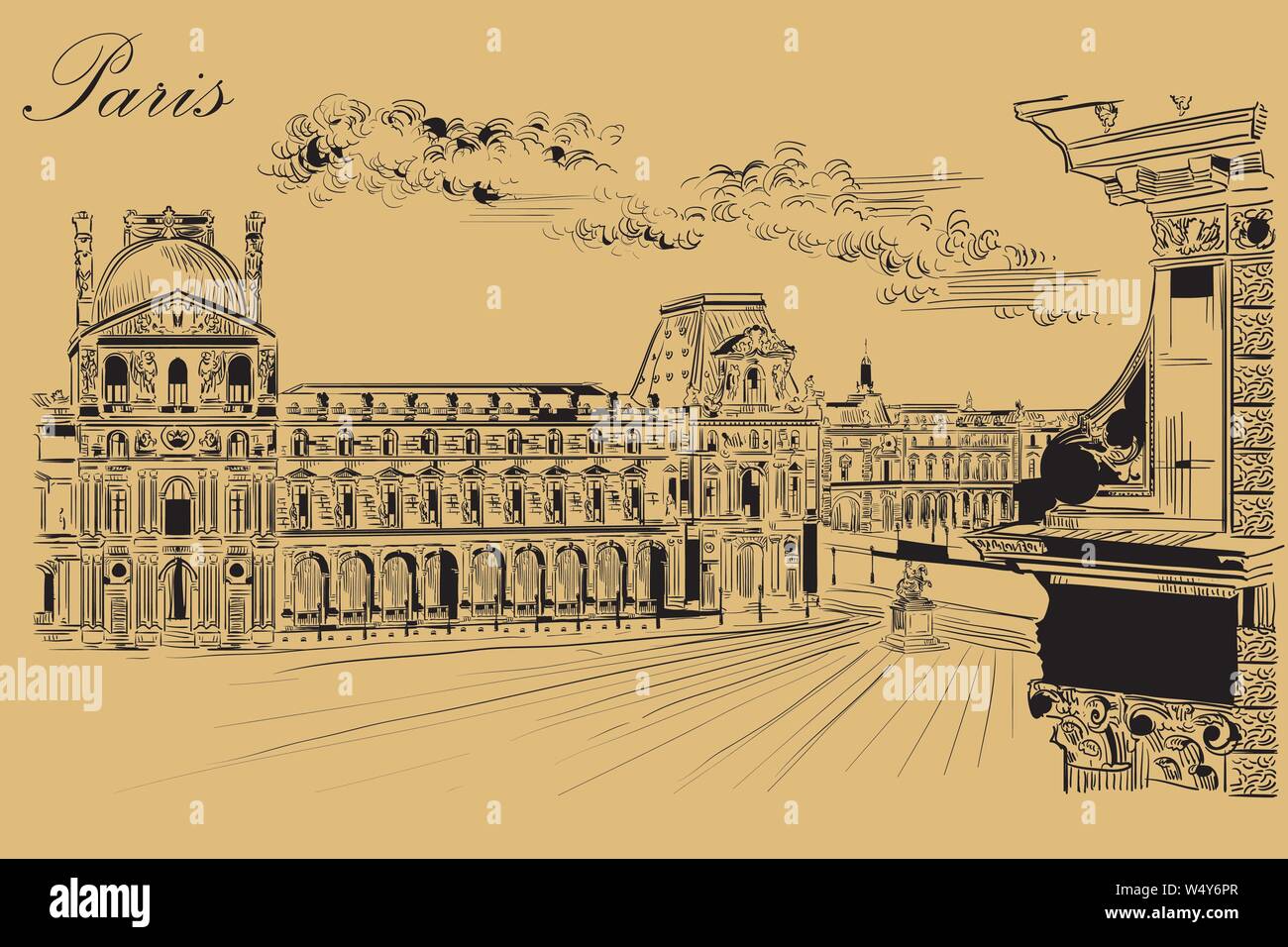 Louvre Museum Drawing Louvre Art Museum With Glass Pyramid In Paris,