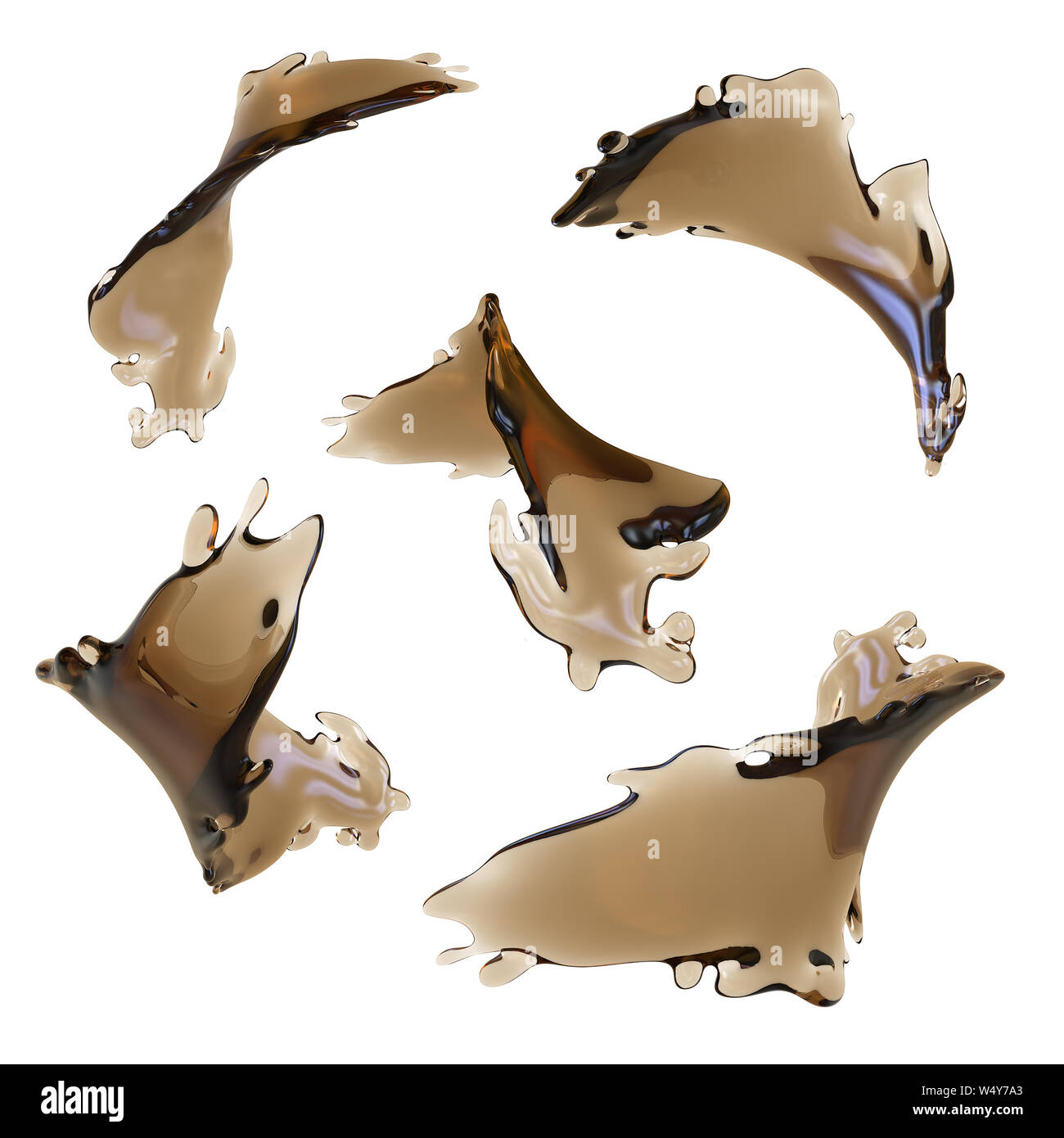 Set of brown liquid splashes, isolated on white background. 3d ...