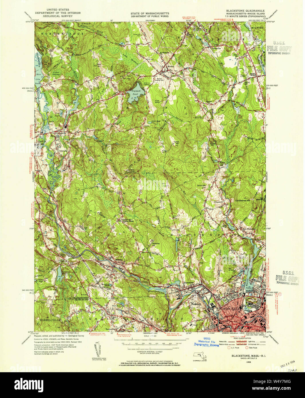 Massachusetts USGS Historical Topo Map MA Blackstone 351553 1953 31680 ...