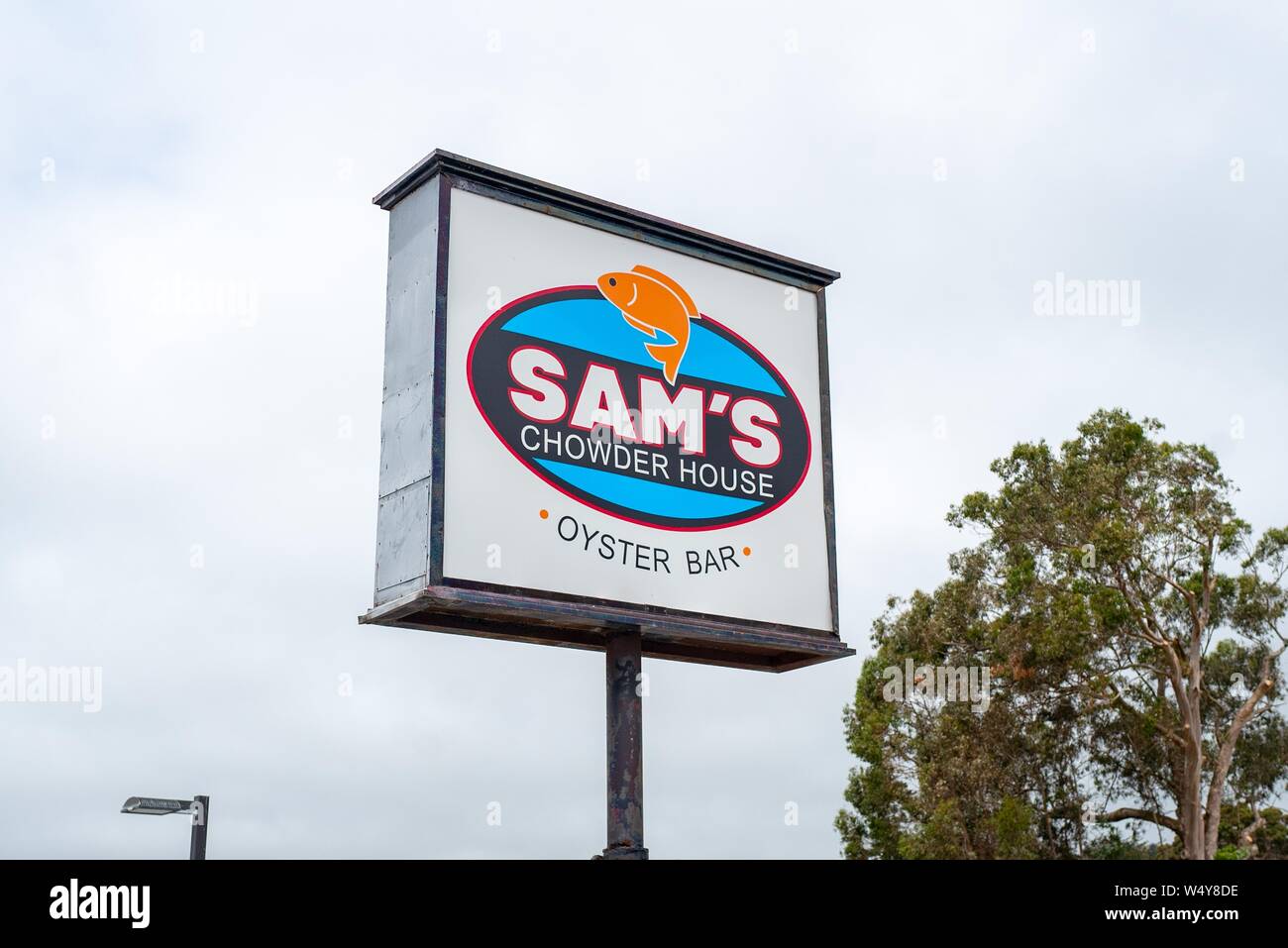 Sign for Sam's Chowder House, an iconic seaside seafood cuisine ...