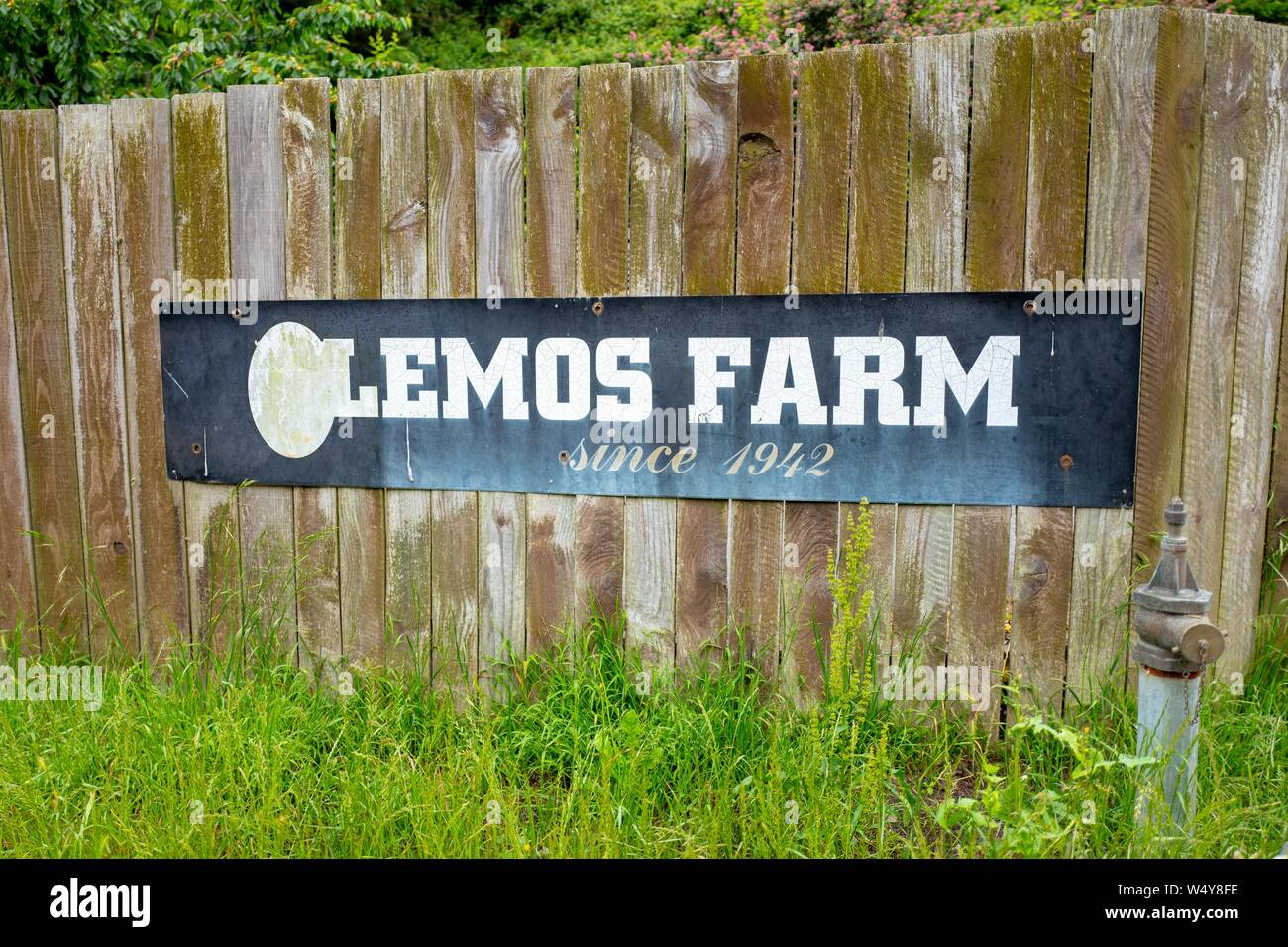 Close-up of sign for Lemos Farm, an iconic family-owned farm founded in ...