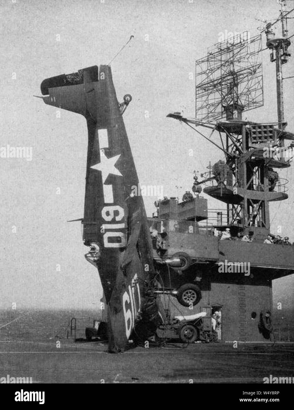 Crashed Grumman F6F-5 Hellcat aboard USS Takanis Bay (CVE-89), circa in ...