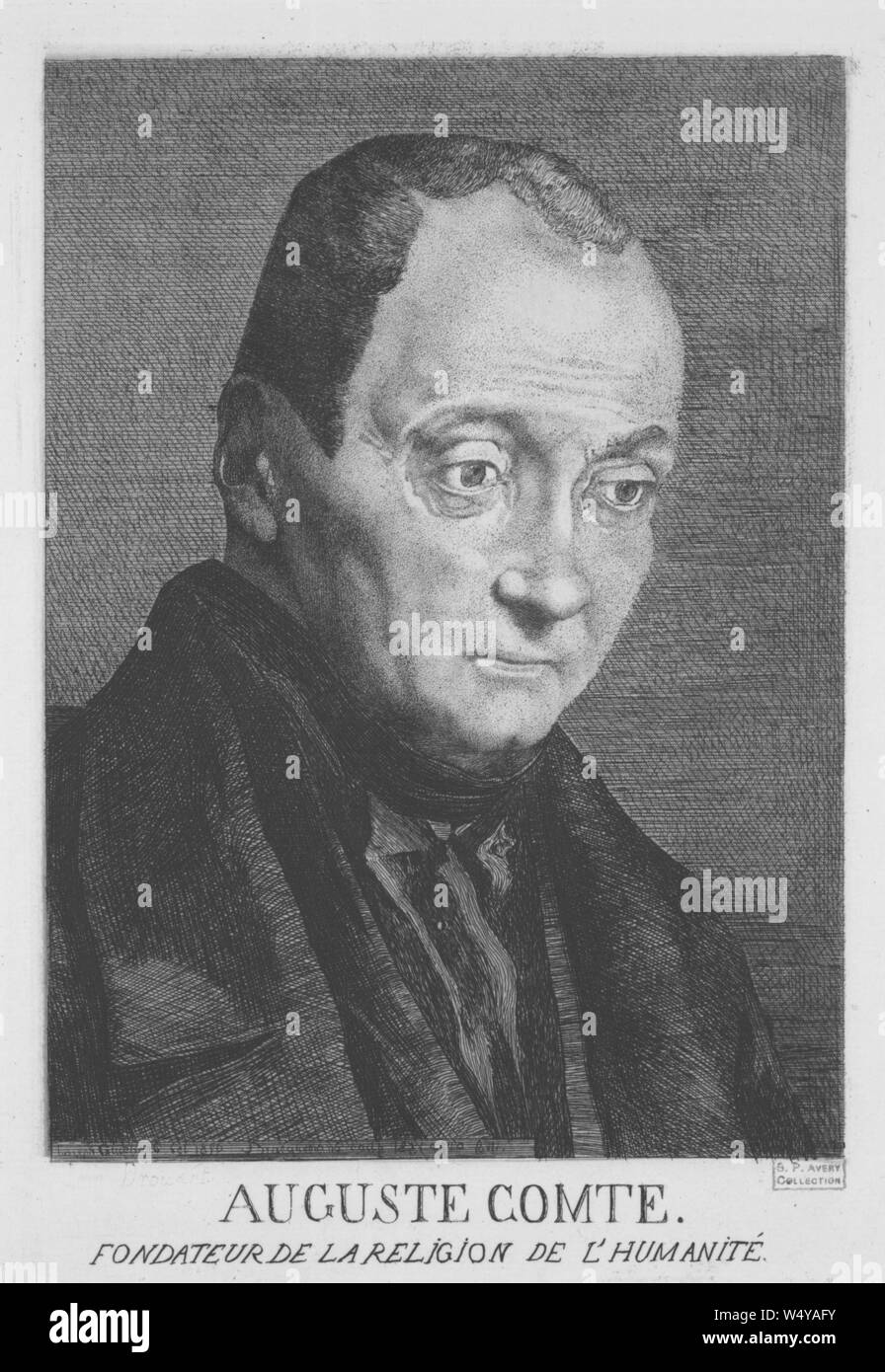 Engraved portrait of Auguste Comte, a French philosopher, and writer ...