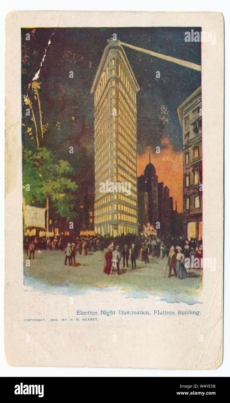 Engraved postcard of the election night illumination at Flatiron ...