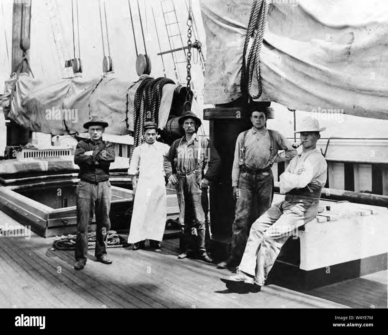Crew members on deck of four-masted schooner WINSLOW, Washington, ca ...