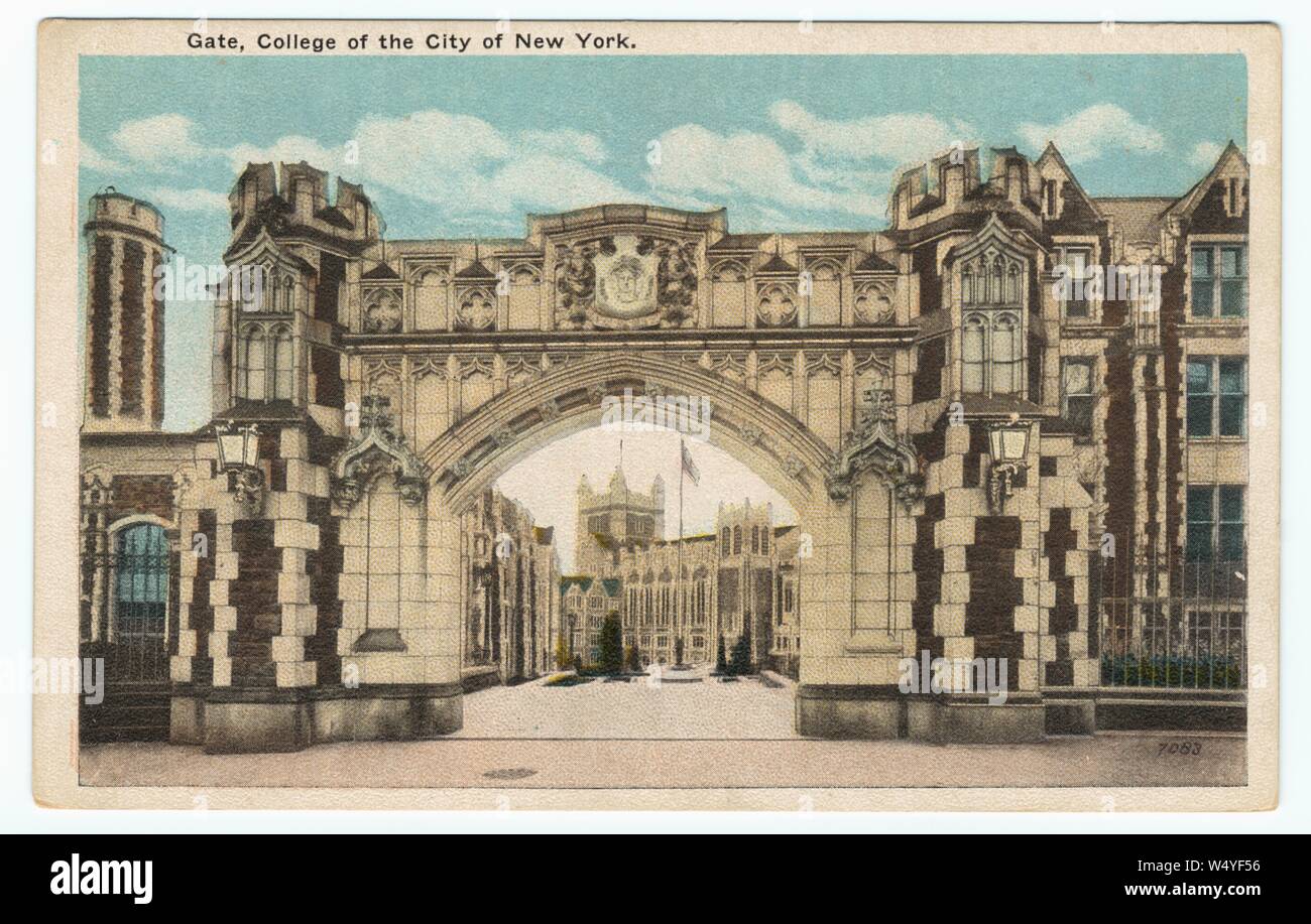 Illustrated postcard of the gate of the City College of New York in New ...