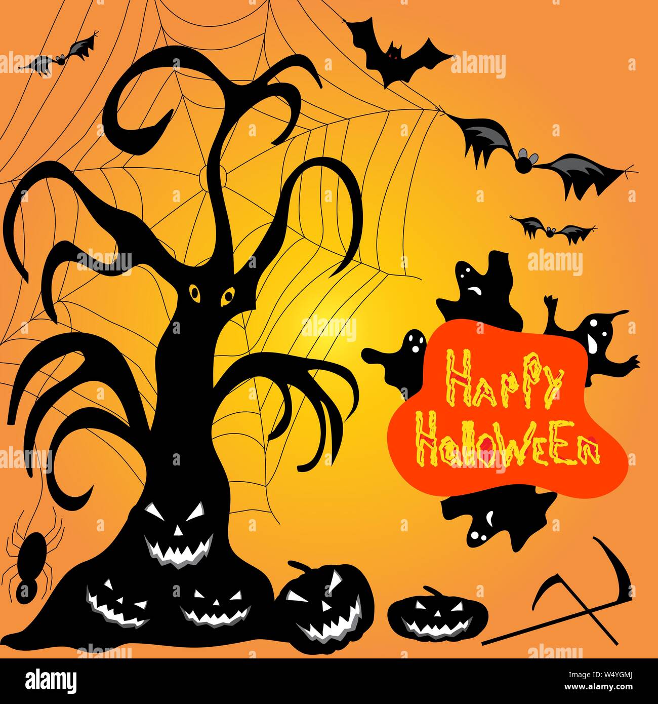 Halloween ghost pumpkin bats cobwebs vector illustration Stock Vector ...