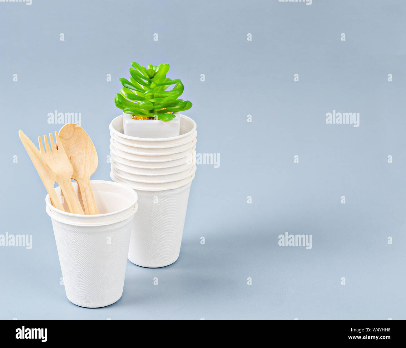 Biodegradable glass of water and disposable wooden spoon. Eco friendly ...