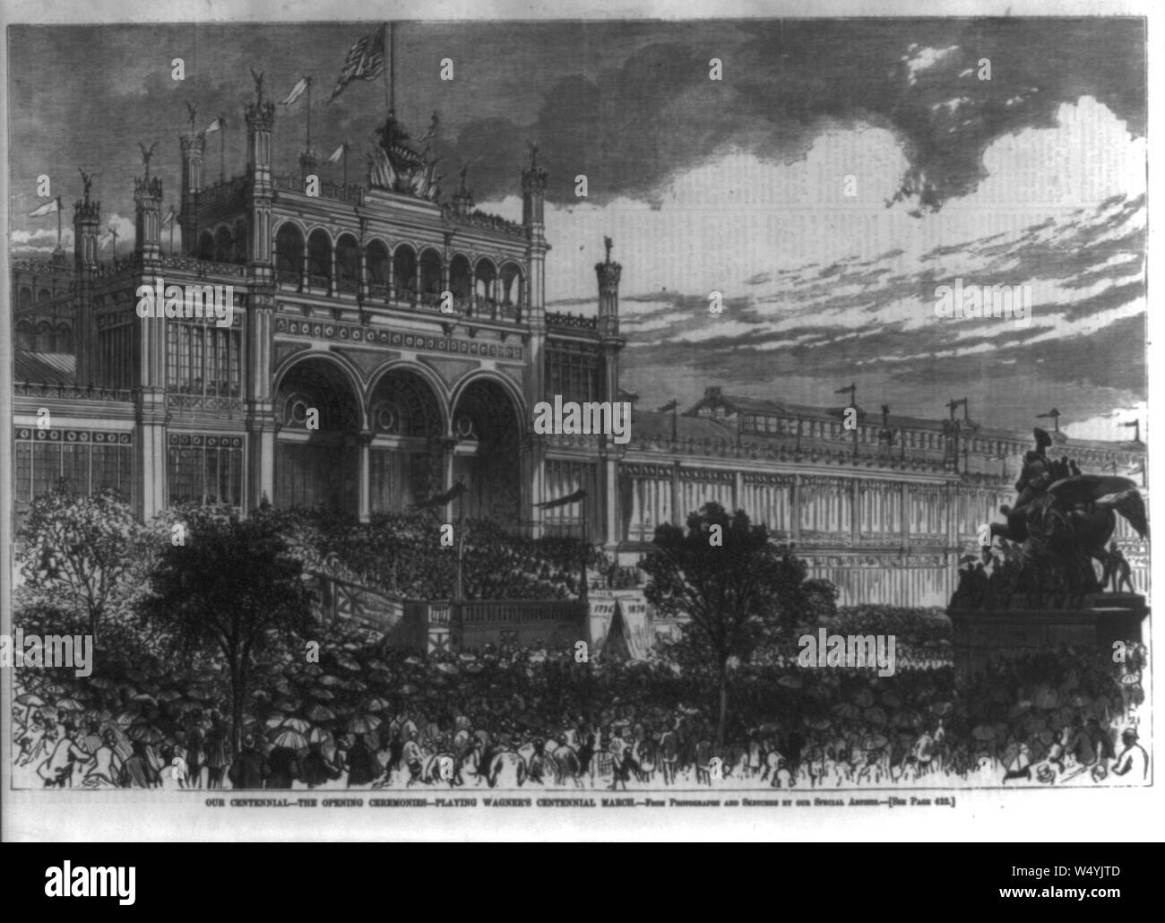 Crowd in front of building at the opening ceremonies of the centennial ...