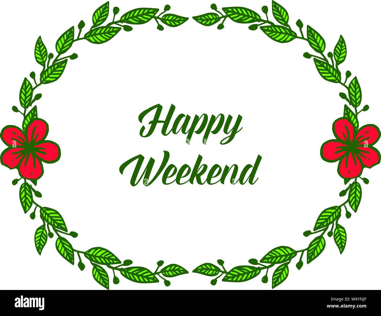 Lettering happy weekend for red wreath frame. Vector illustration Stock ...