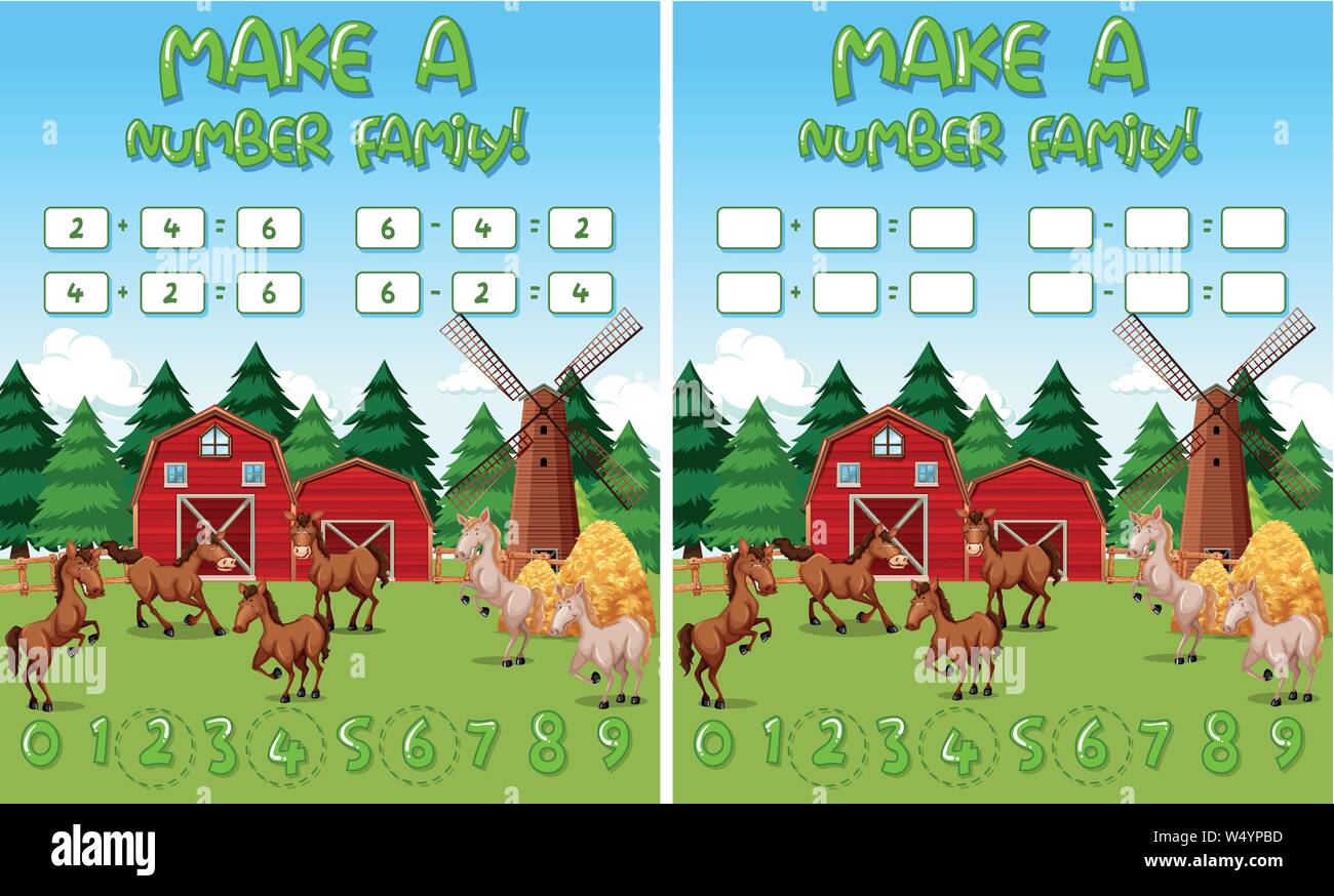Farm math game template with horses and farm objects illustration Stock ...