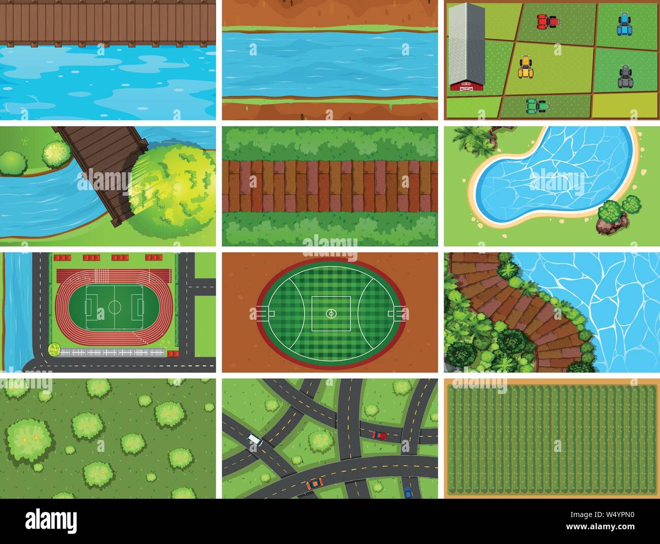 Set of top view aerial scenes in nature and outdoors illustration Stock ...