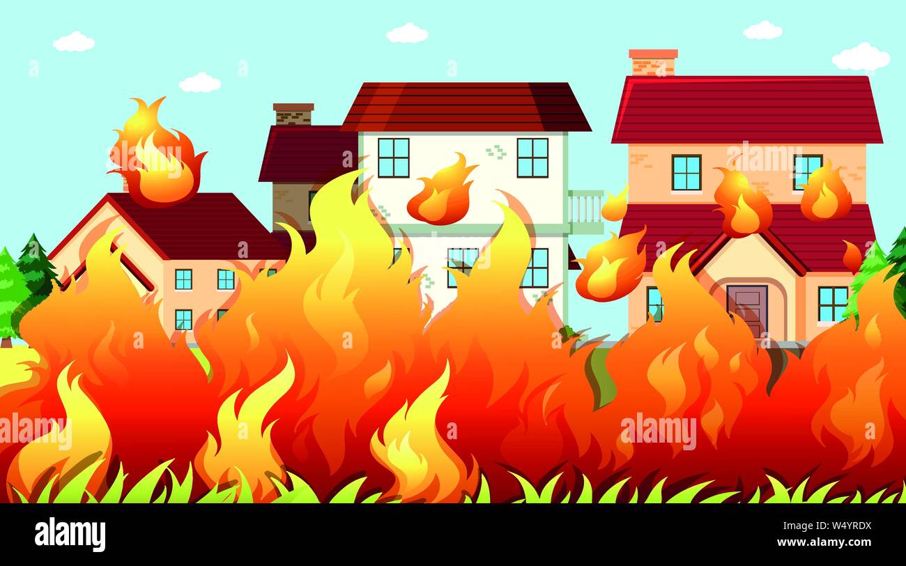 Homes on fire background illustration Stock Vector Image & Art - Alamy