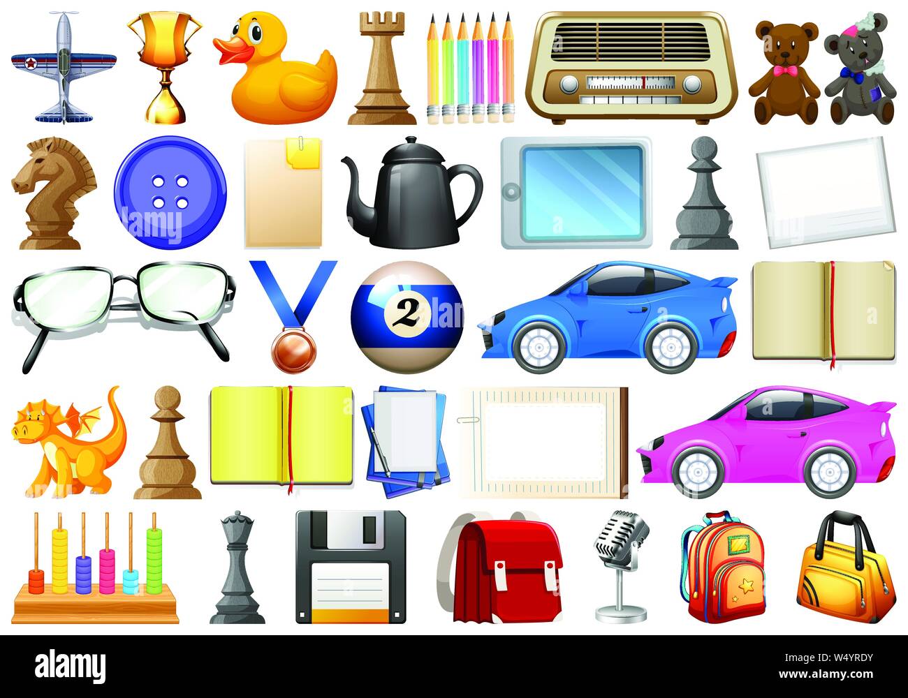 Assorted office, home and school related objects and toys isolated ...