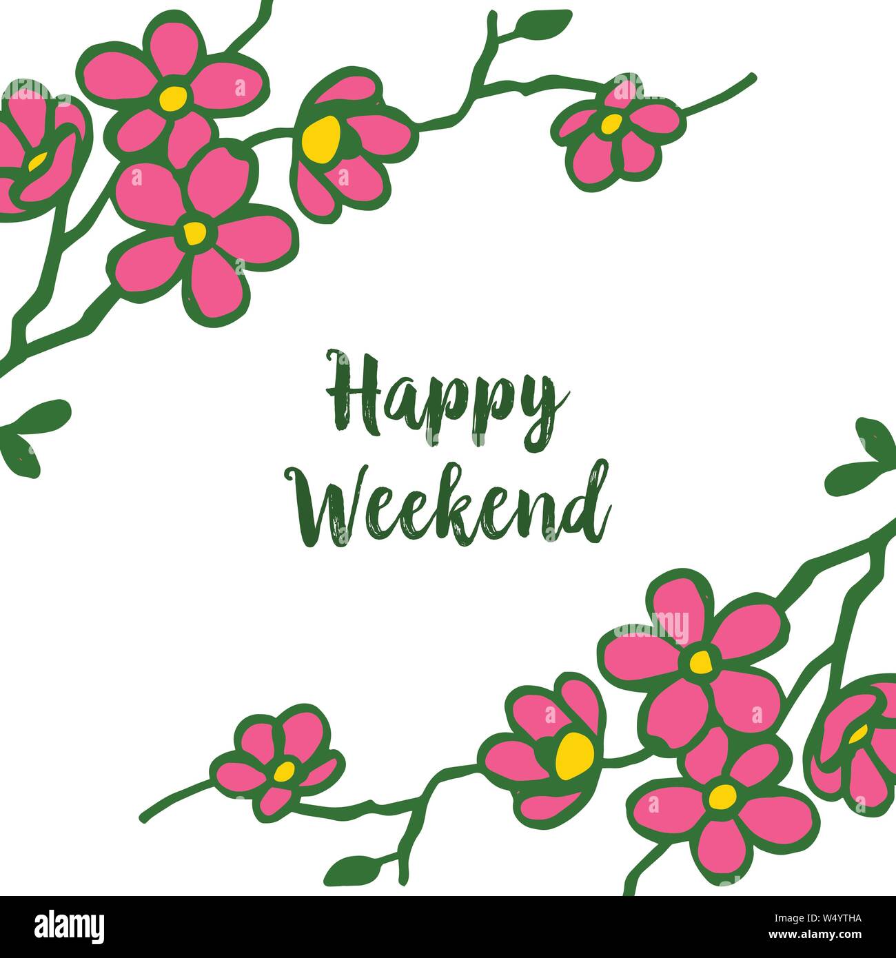 Card decorative of happy weekend with floral frame isolated on white ...